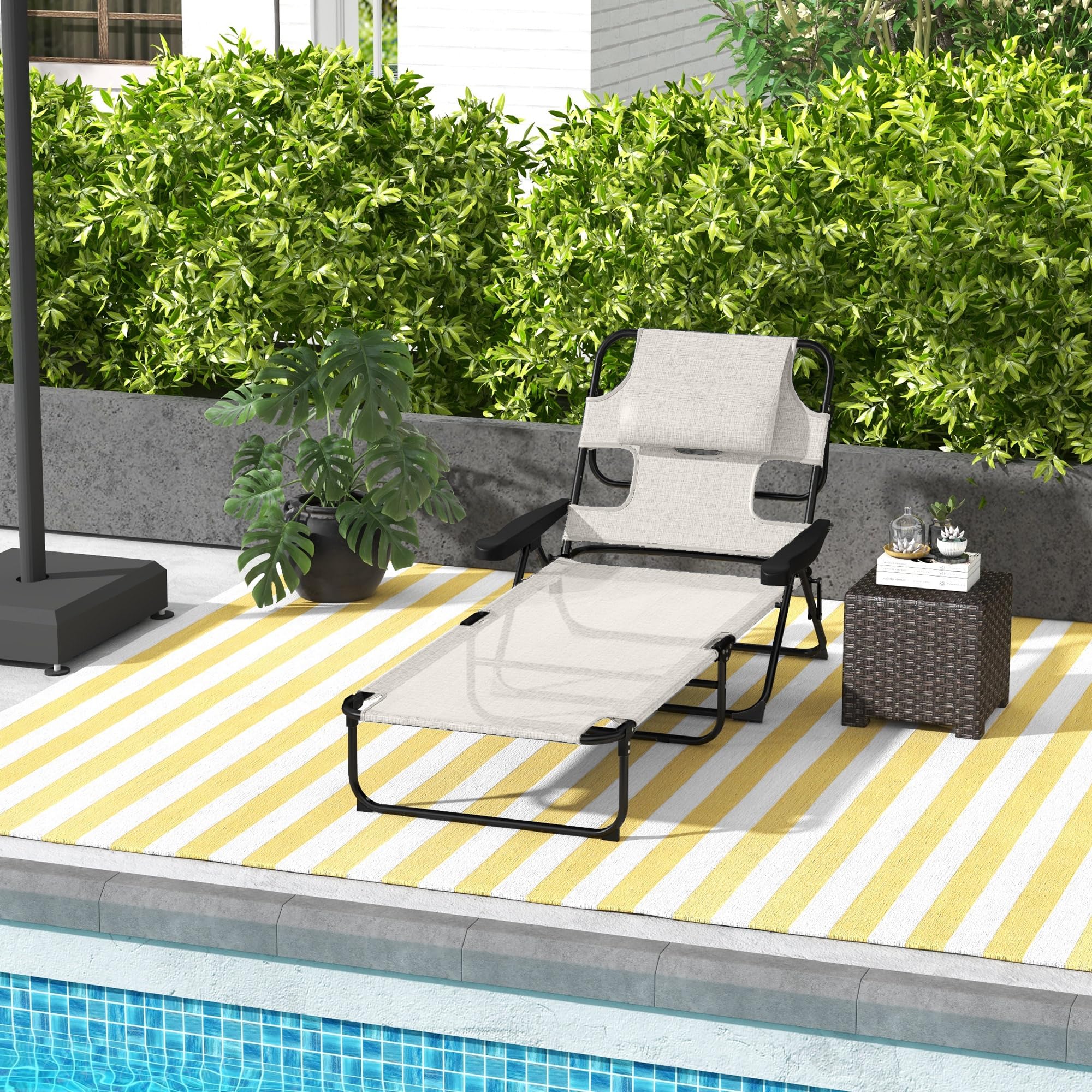 Outsunny Tanning Chaise Lounge Chair, 4-Position Beach Chair with Face & Arm Holes, Pillow headrest, Adjustable Sunbathing Chair, Cream White