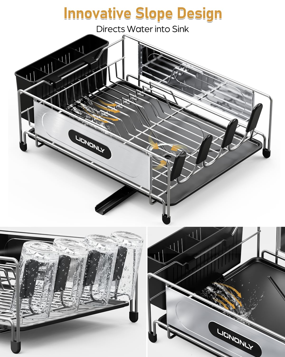 LIONONLY Dish Drying Rack, Dish Racks for Kitchen Counter, 304 Stainless Steel Dish Drainer Drainboard Set with Smart Drainage, 360° Adjustable Spout, Utensil Holder and Cup Holder,Black