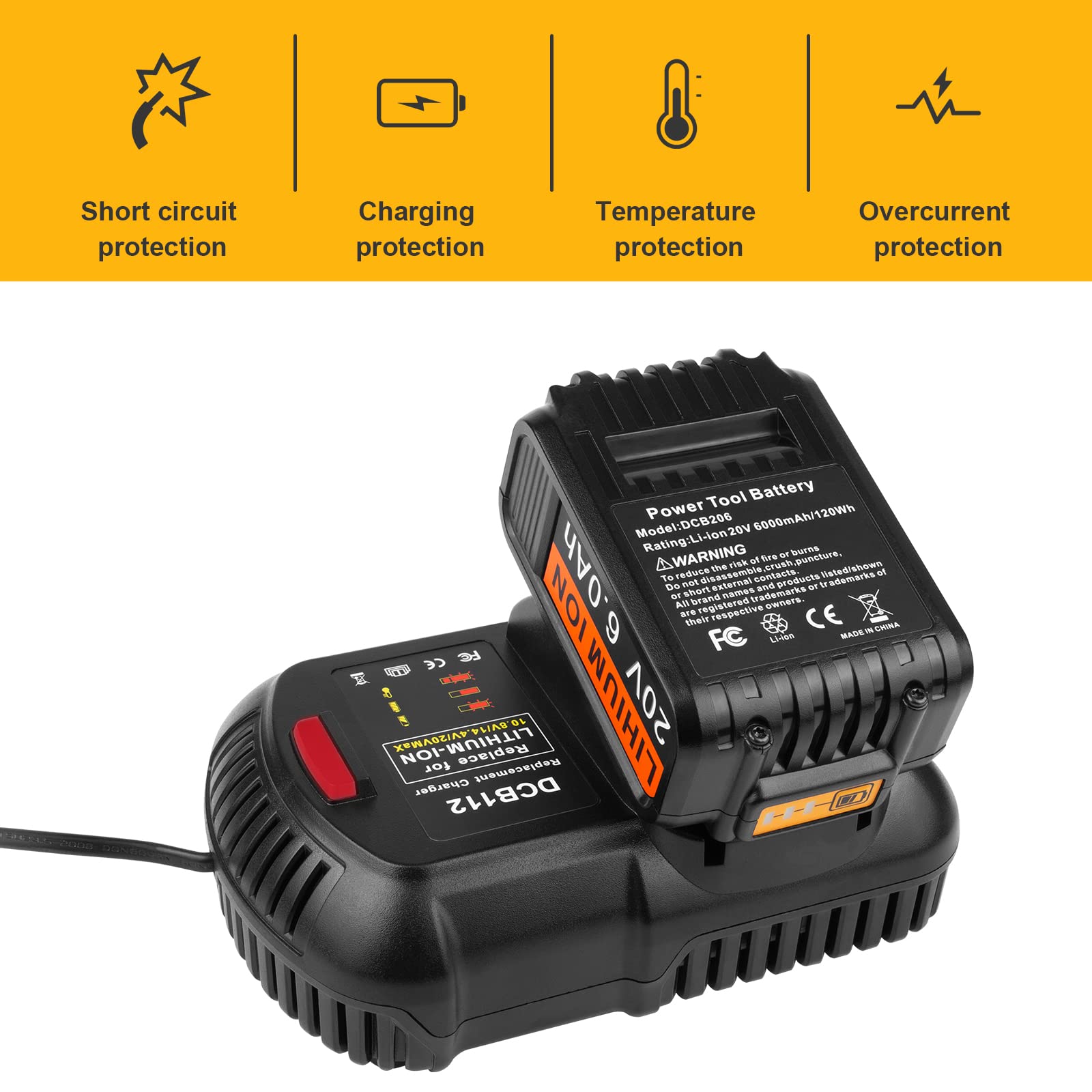 Fast Battery Charger DCB112 for Dewalt Tools 12V-20V Lithium-ion Battery DCB101 DCB105 DCB115 DCB107, Fit DCB120 DCB127 DCB206 DCB205 DCB204 DCB203 DCB201 DCB200
