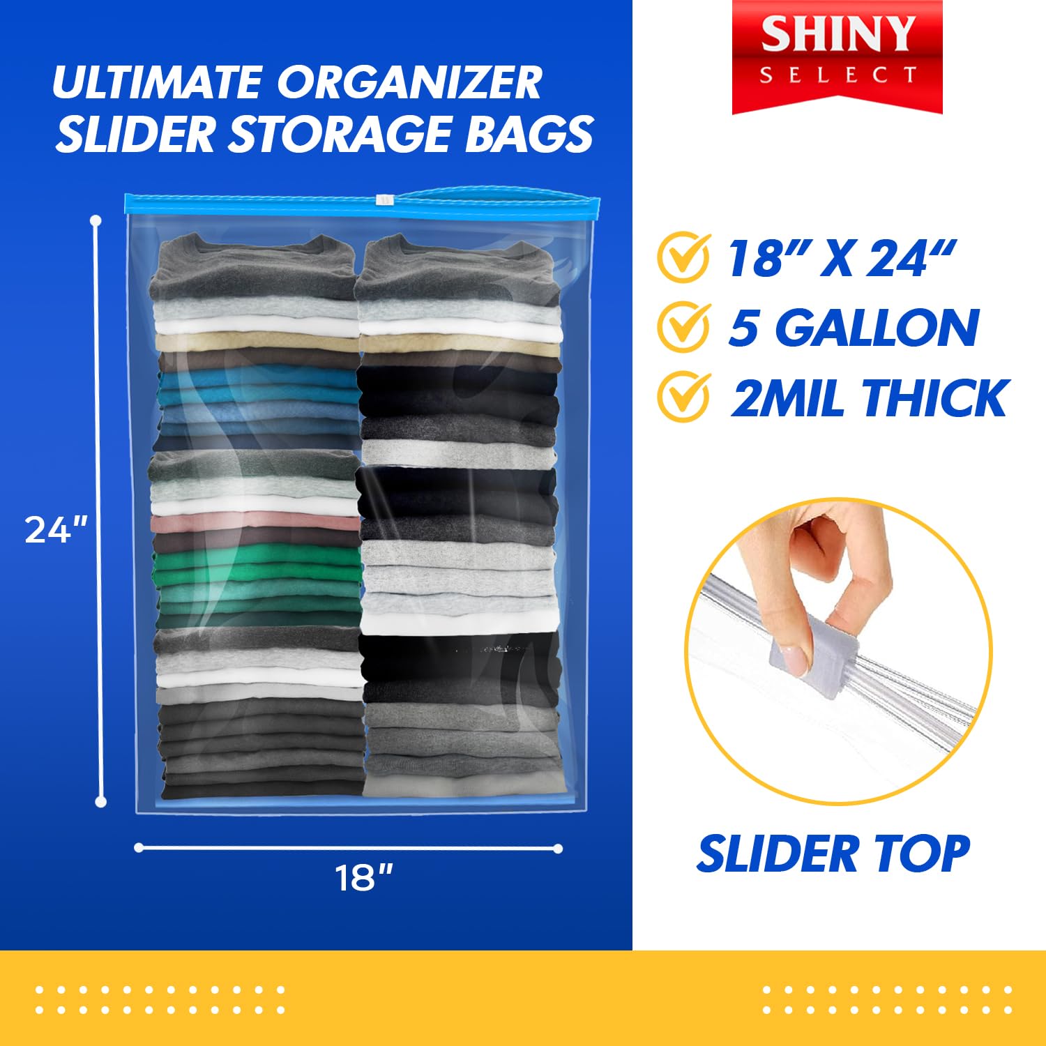 Shiny Select 5 Gallon Jumbo Slider Storage Bag, 18x24, 10 Bags β Resealable Extra Large Clear Plastic, 2 Mil Thick - Home Organization, Luggage, Travel, Kitchen Use, Baby Essentials, Seasonal Clothes