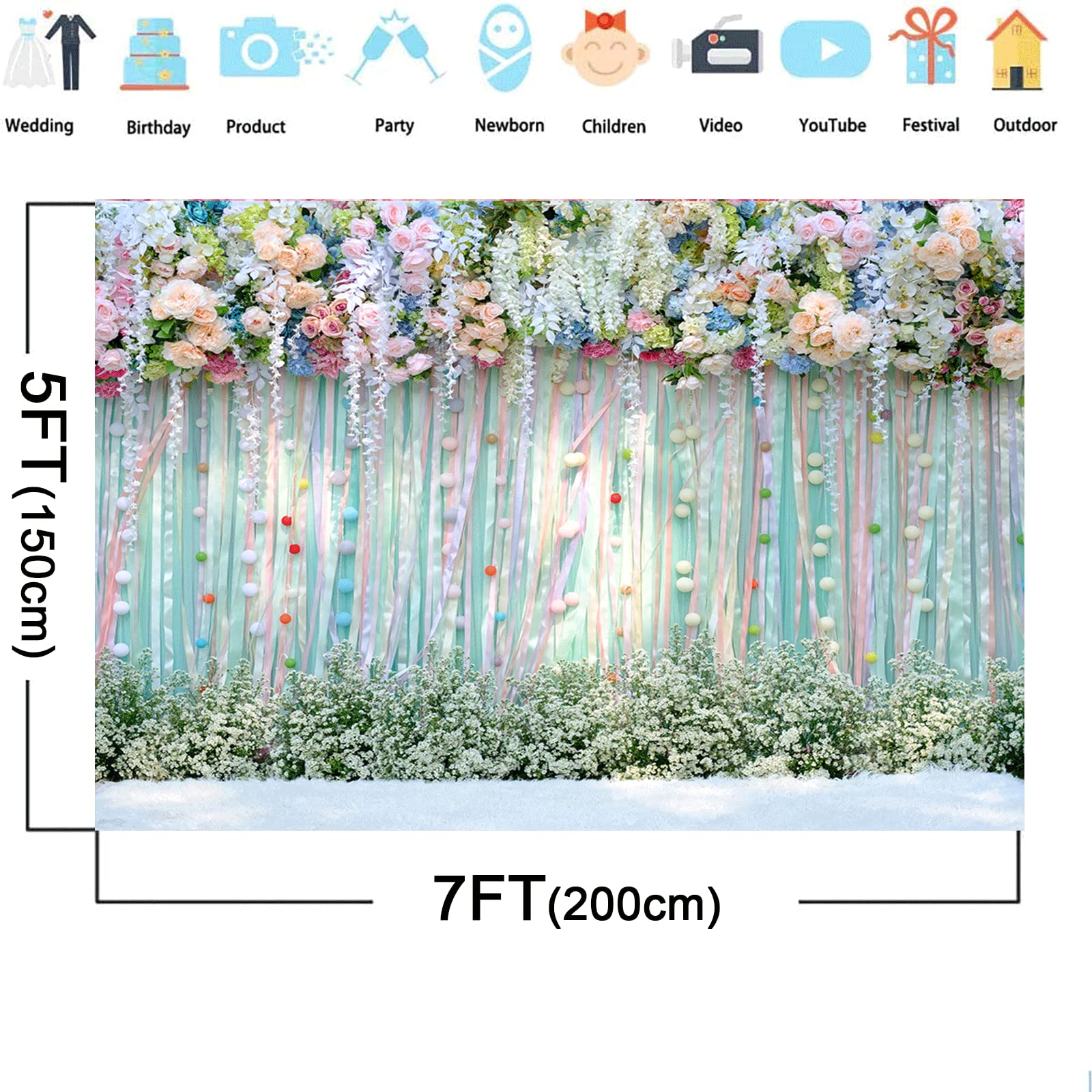 Mestiker 7x5ft Wedding Backdrop Proposal Flowers Ribbon Wedding Flowers Ceremony Banner Bridal Shower Cradle Ceremony Photography Background Cake Table Decoration Photo Studio Booth Props Vinyl