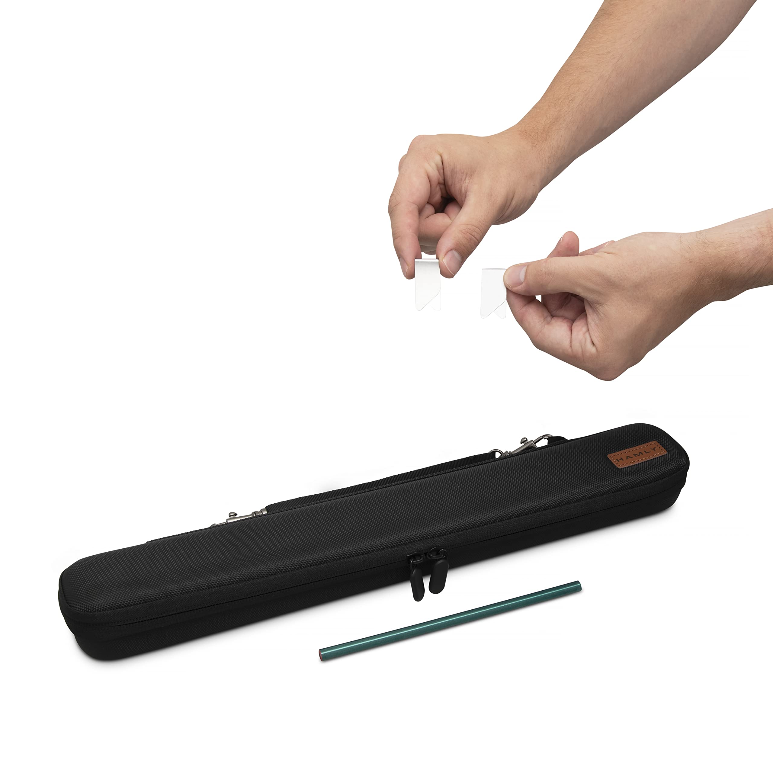 HAMLY Conducting Double Baton Case - Black Leather - Weather-Resistant Bag - Holds 2 Batons up to 16'' - Complete with 2 Metal Bookmarks and Pencil (BC123)