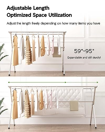 Vikaqi Clothes Drying Rack 95 Inches Folding Outdoor Indoor, Drying Rack Clothing Collapsible, Foldable Laundry Drying Rack, Heavy Duty Stainless Steel Clothesline, 20 Hooks 12 Clips