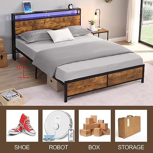 Industrial Full Bed Frame with LED Lights and 2 USB Ports,Metal Platform Bed with 2-Tier Storage Wooden Headboard and Under Bed Storage,No Box Spring Needed (Rustic Brown, Full)