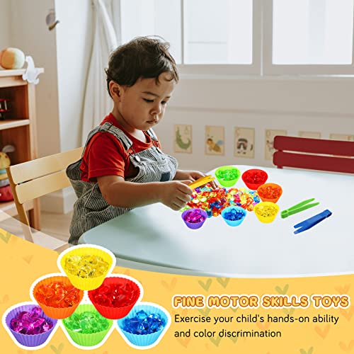 Leitee 132 Pcs Fine Motor Toys Counting Sorting Sensory Bin Filler, 120 Acrylic Fake Gems 4 Tweezers 2 Scissors Clips 6 Cups for Boys Girls Early Education and Sorting Counting Training Development