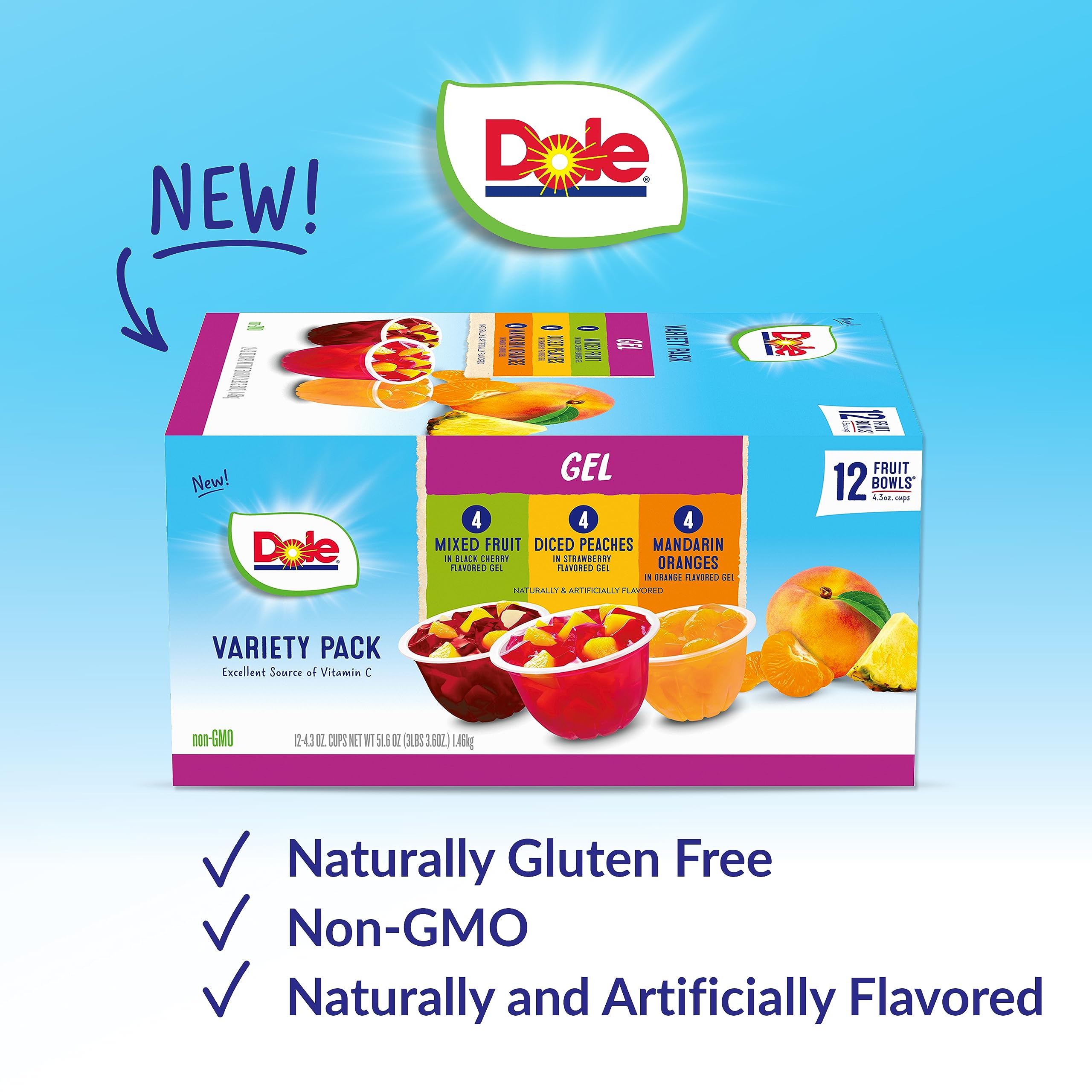 Dole Fruit Bowls In Gel Variety Pack Snacks, Peaches, Mixed Fruit, Mandarin Oranges, 4oz 12 Total Cups, Gluten & Dairy Free, Bulk Lunch Snacks for Kids & Adults