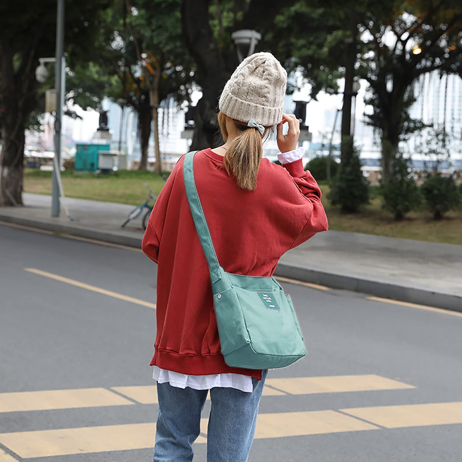 HAPPYHEIDI Women Small Canvas Tote Bag Handbag with Pockets, Zipper Closure, Crossbody Strap, for School Work Travel, Khaki