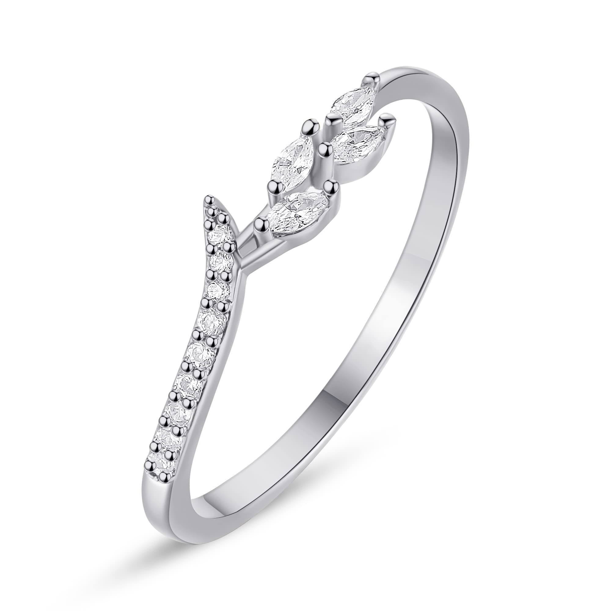 GLOQUAT 925 Sterling Silver Plated Rings for Women Girls Classic Leaf Ring Cubic Zirconia Stackable Rings Wedding Band with Clear CZ Diamond Dainty Silver Rings Statement Eternity Rings Size 9
