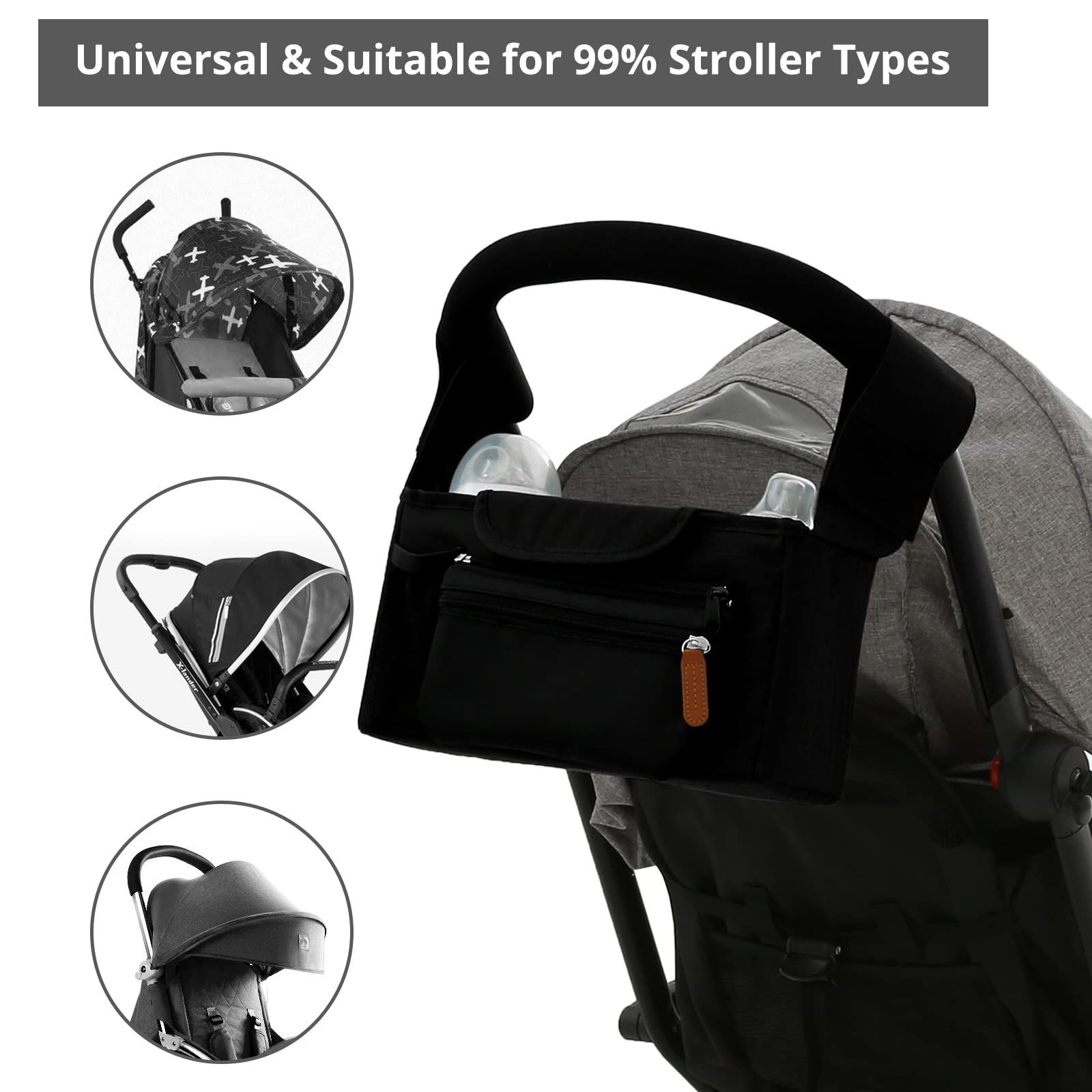 GOGOSO Baby Stroller Diaper Organizer Bag with Cup Holder, Universal Fit Most Strollers, Space for Diapers, Wipes & Toys, Black