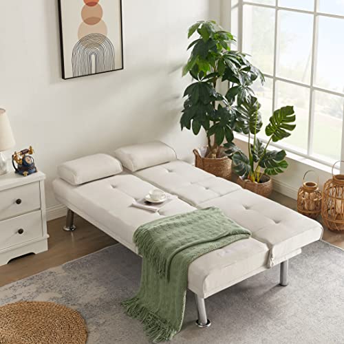 Eafurn Button Tufted Convertible Futon Sofa Bed, Linen Upholstered Loveseat Couch, Modern Folding Sofabed with Cup Holders and Golden Legs, Reclining Small Guest Daybed for Living Room, Dorm