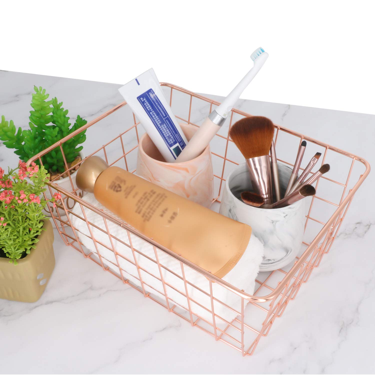 Metal Wire Storage Basket with Handles for Kitchen Food Pantry Papers Home Office Desk Basket Bathroom Laundry Room Basket Bedroom Bed Room, Rose Gold