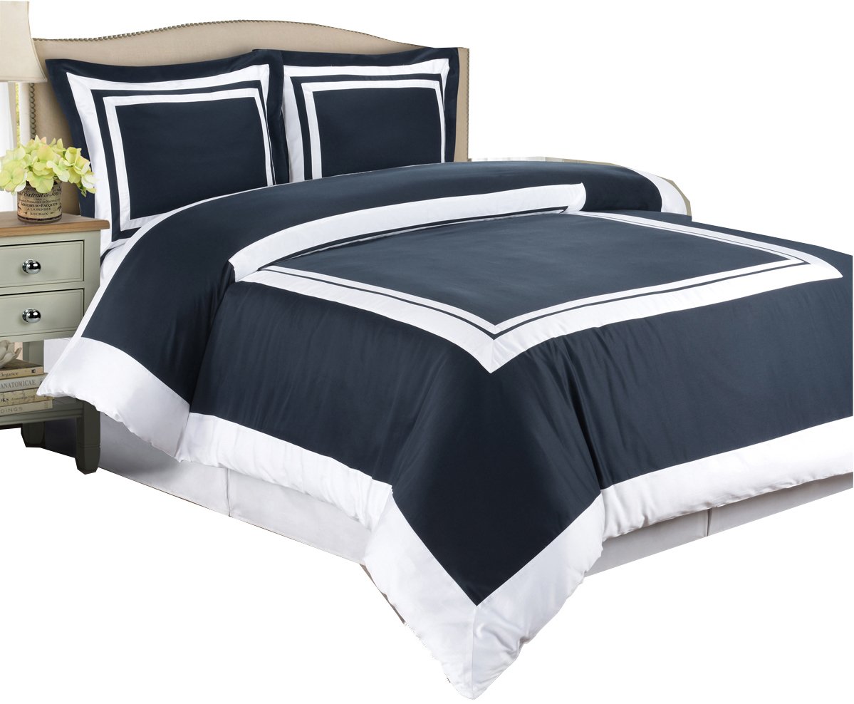 sheetsnthings Hotel 300-Thread-Count, 100-Percent Cotton Twin-Twin Extra Long XL 2PC Duvet Cover Set, Navy with White Trim