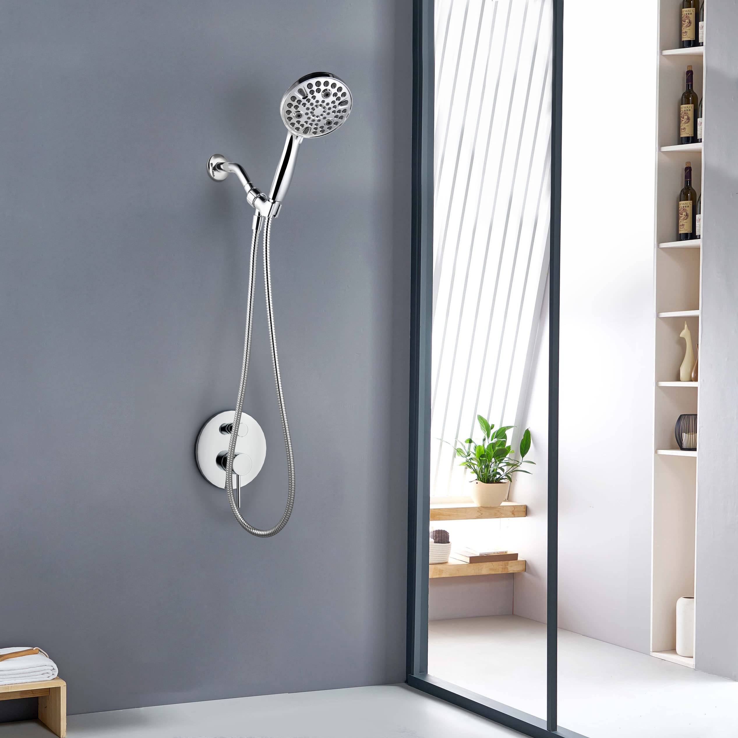 High Pressure Handheld Shower Head, 10-Setting Showerhead, 4.7”Detachable Showerhead Set with 5ft Hose, Adjustable Bracket and Built-in Power Wash to Clean Tub, Tile & Pets - Polished Chrome