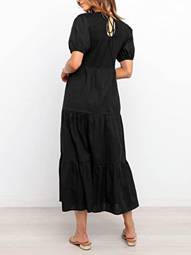 ZESICA Women's 2023 Casual Summer Crew Neck Short Puff Sleeve Smocked High Waist Ruffle Tiered A Line Midi Dress,Black,Medium