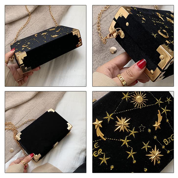 HANDAFA Elegant Velvet Clutch Handbag Star and Moon Evening Bag Chain Box Bag For Wedding Party(Black)