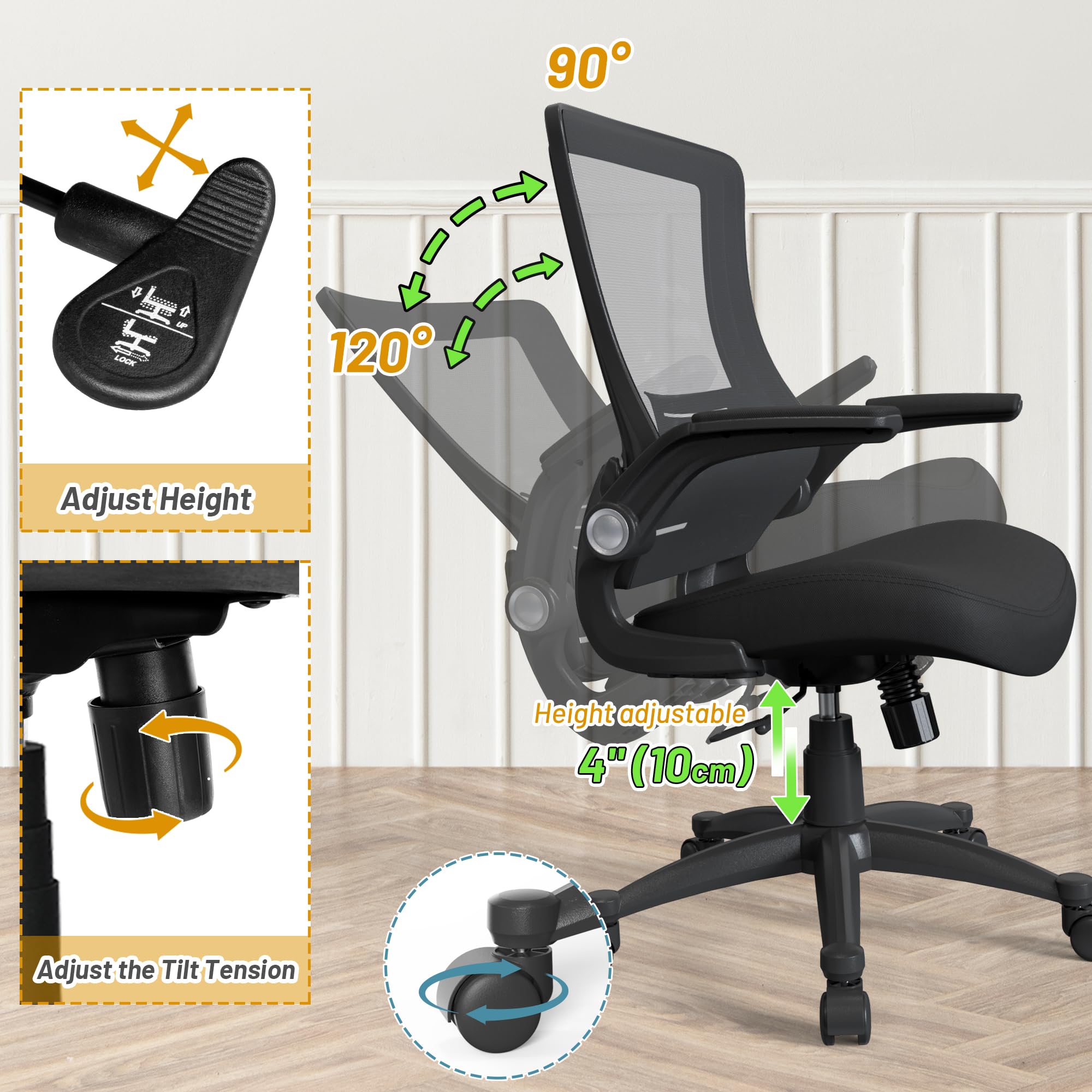 KIZECK Mesh Office Task Study Home Desk Computer Chair with Back Support Flip up Armrest for All People