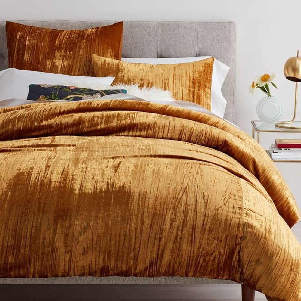 Sophia-Art Crushed Velvet Duvet Cover 3 Pcs Set Solid Pattern Luxury Bedding Cover Comforter Cover with 2 Pillow Shames (Crush- Gold, Queen 90inch W x 90inch L)