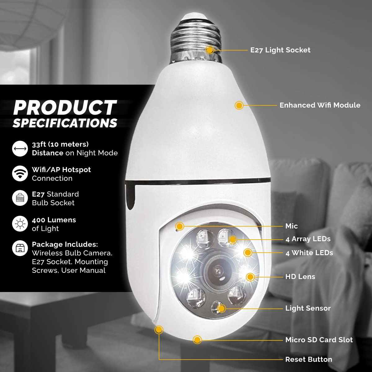 Dot Com Wireless Light Bulb Security Camera - WiFi, Easy to Install, App Controlled Light Socket Security Camera - with Motion Detector, 360 View, 1080P HD, Remote Voice Intercom - Water Resistant