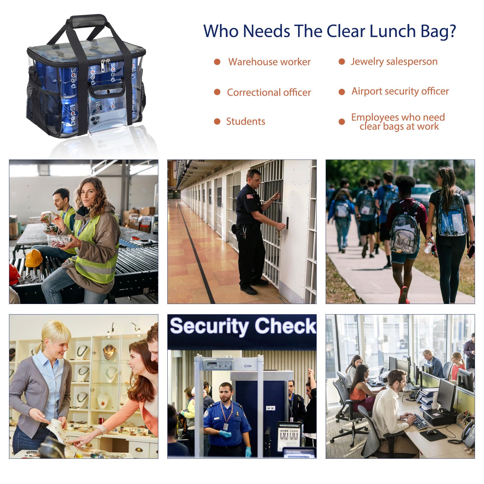 DST Gainbow Clear Lunch Bags For Work, 24-Can Large Transparent Lunch Bag Stadium Approved, Clear Tote Bag with Adjustable Strap and Front Pocket for Men Women(12"x 9" x 9" Black)