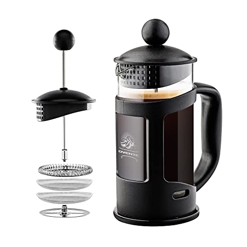 OVENTE French Press Coffee Maker 12 Ounce, Heat Resistant Borosilicate Glass with 4 Filter Stainless-Steel System, BPA-Free Portable Pitcher Perfect for Hot & Cold Brew, Black FPT12B