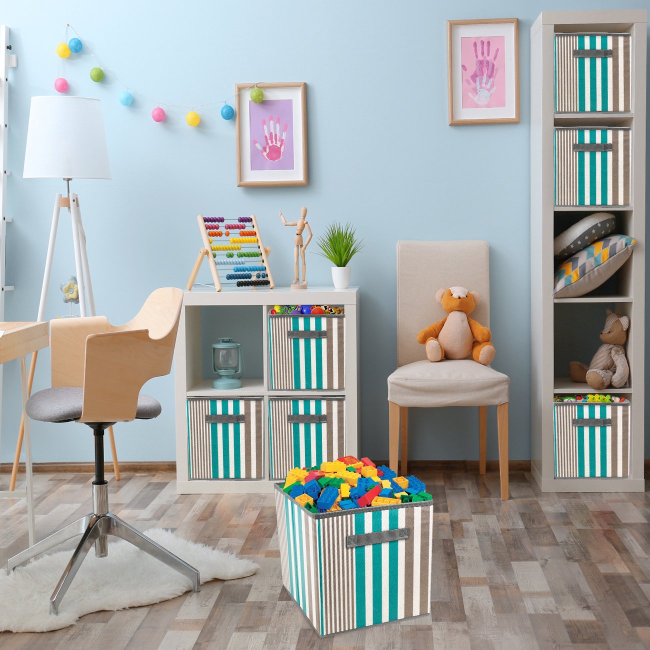 Sorbus 11 Inch Cube Storage Bin - 6 Foldable Storage Cubes for Shelf, Toy Box, Cubby and Closet Organizer - Pattern Aqua Collapsible Cloth Cube Storage Bins for Home Organization, Nursery, Bedroom
