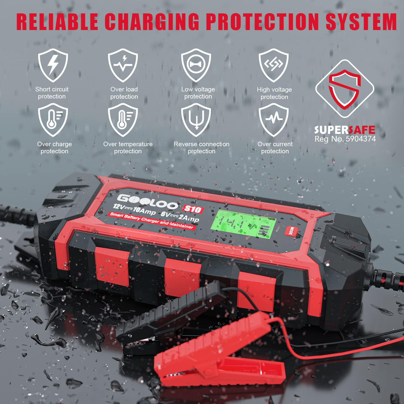 GOOLOO 10-Amp Car Battery Charger, 6V and 12V Fully Automatic Battery Charger Maintainer, Trickle Charger, Supersafe Smart Battery Desulfator for Lead-Acid Batteries(S10)