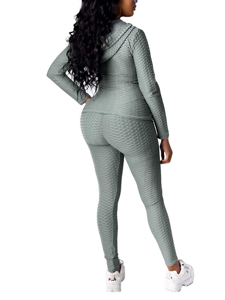 Fitness Exercise Workout Legging Clothes - Long Sleeve Zip Up Fitted Hoodies Top Long Skinny Pants Tracksuit Jogging Suits Grey S
