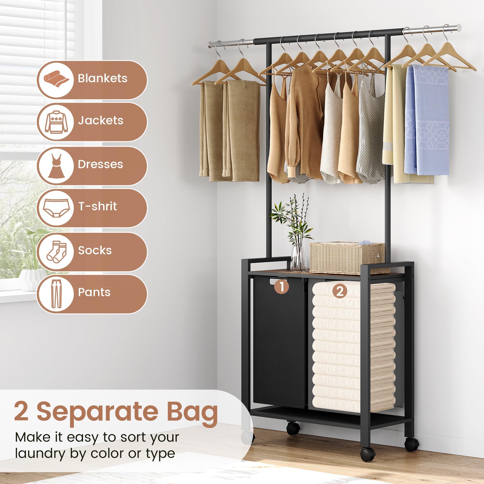 Laundry Hamper Cart with Hanging Bar, 2 x 13 Gal Laundry Sorter, 2 Removable Bags Laundry Baskets with Wood Top Table & Wheels, Laundry Sorter for Laundry Room Organization