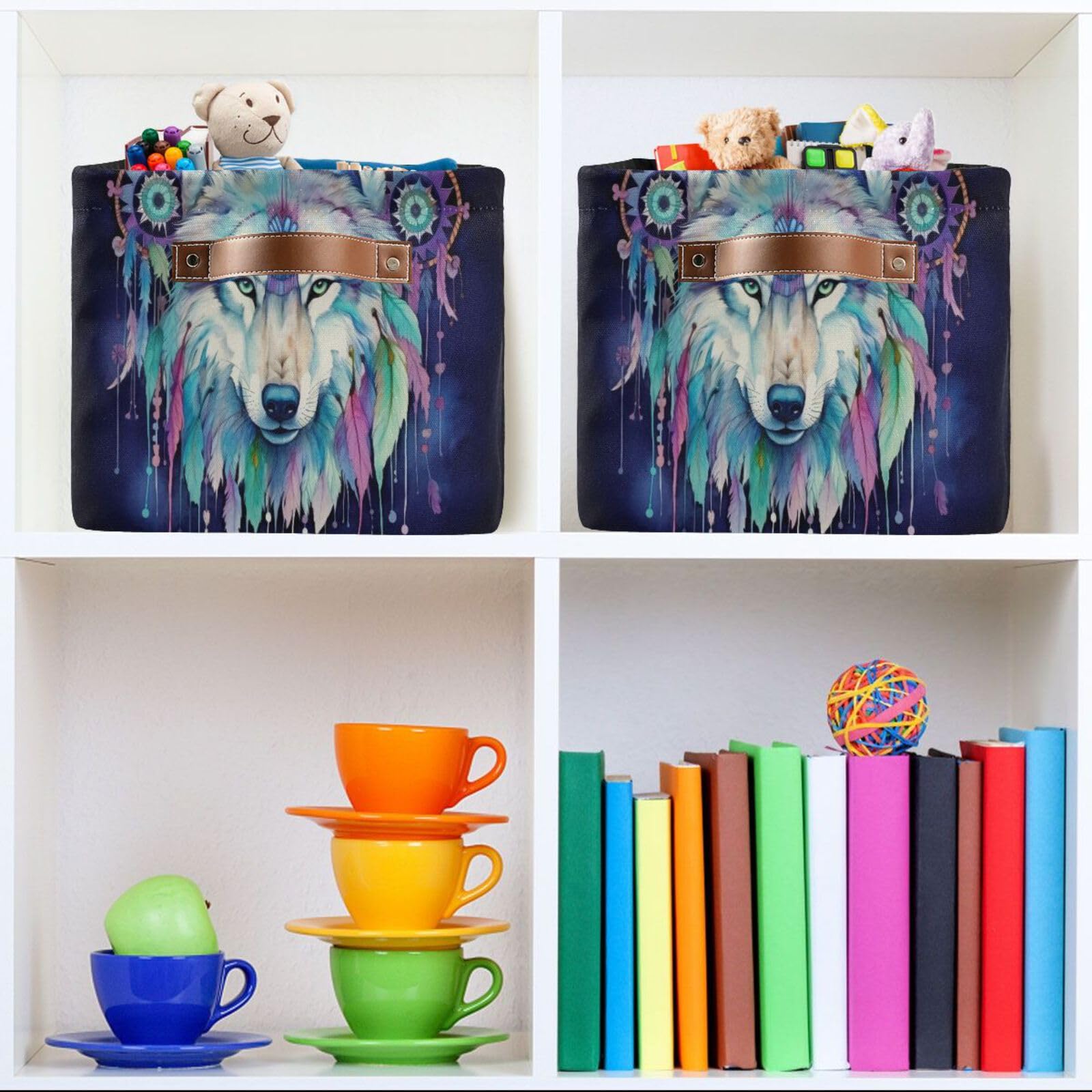 KJIZMO Wolf and Dream Catcher Foldable Storage Basket for Shelves, Collapsible Sturdy Storage Bin with Handles, Canvas Storage Cube for Organizing Closet 1PC