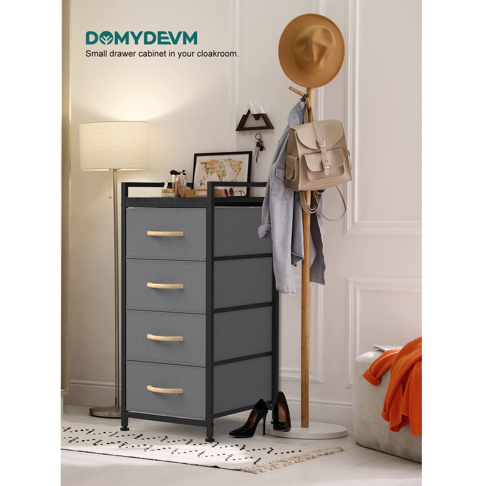 DOMYDEVM Small Storage Dresser for Bedroom 4 Drawer Chest Storage Tower Organizer Unit, White Nightstand with Rolling Casters for Closet, Entryway, Hallway, Nursery Room