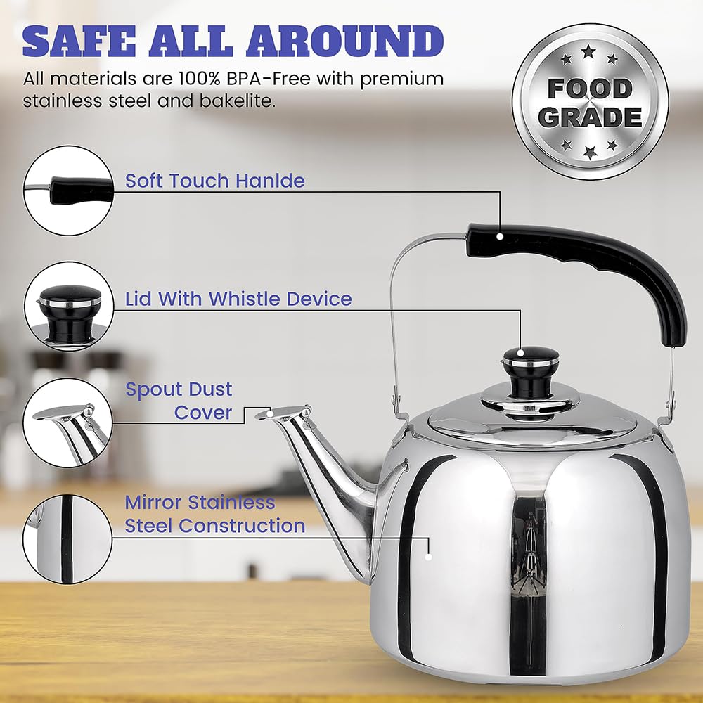 TtAk HOUSEWARE Tea Kettle Stovetop Movable Handle | Stainless Steel Stovetop Loud Whistling Fast Boiling Tea Kettle Cool Grip Bakelite Handle | Food Grade Tea Pot Thin Fast Heating Base (5 Liter)