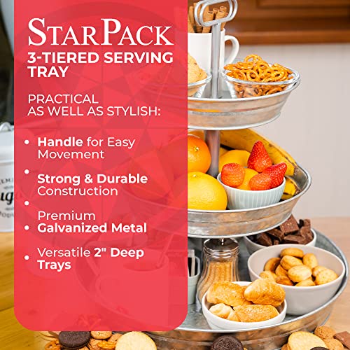 StarPack Farmhouse Style Three Tier Serving Tray - Rustic Kitchen 3 Tiered Tray with 3 Tier Metal Stand - Three Tiered Tray for Deserts & Party Bites - Sturdy & Stylish 3 Tier Serving Stand