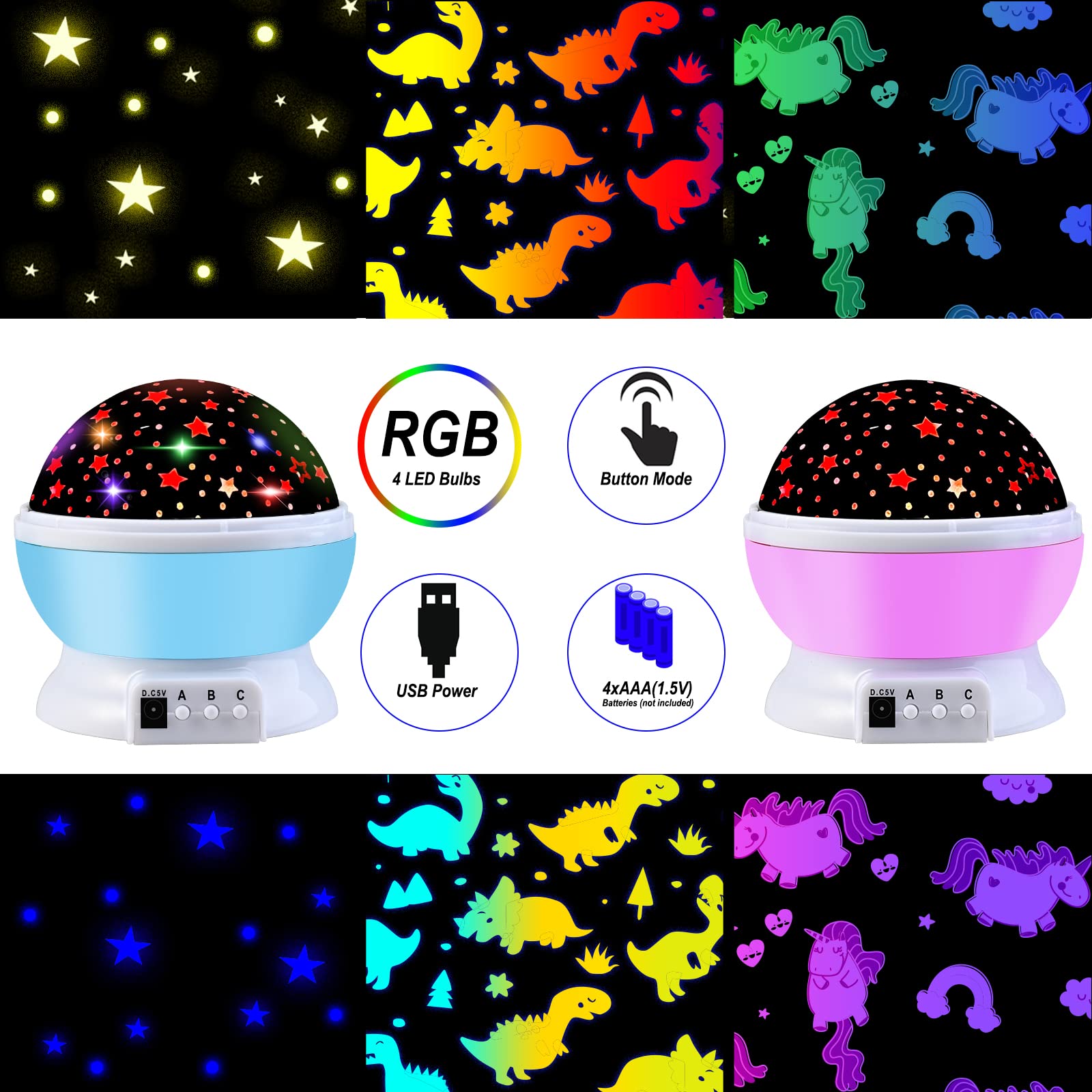 GOLDGE 2 pcs Night Lights for Kids Room 4.1X3.8 inch, Dinosaur Unicorn Toys- Pink & Blue
