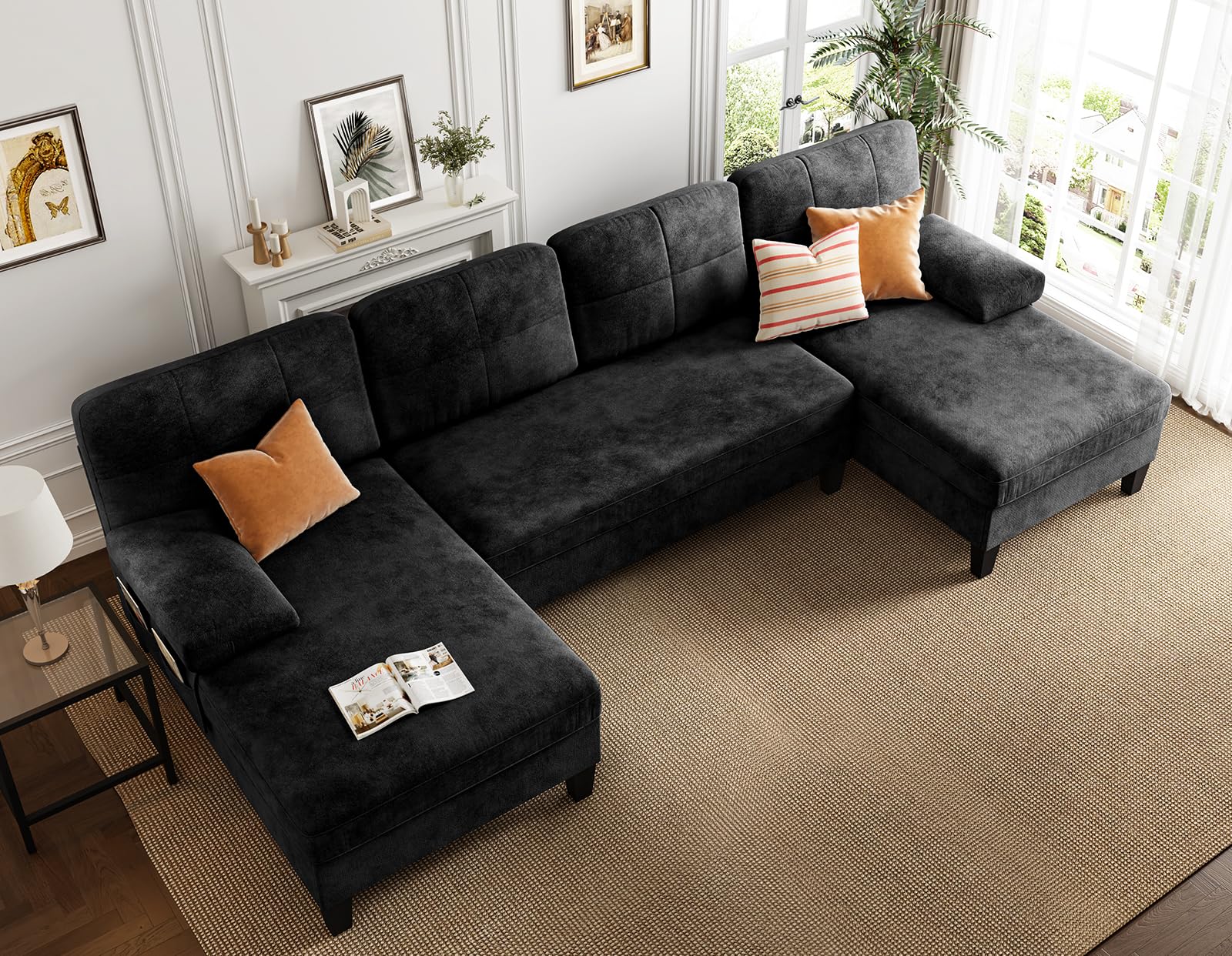 KKL Convertible Sectional Sofa Couch, Couch with Double Chaise, 100 Inch U Shaped Modern Modular Sofa, 4 Seat Sofa Set for Living Room, Chenille, Black