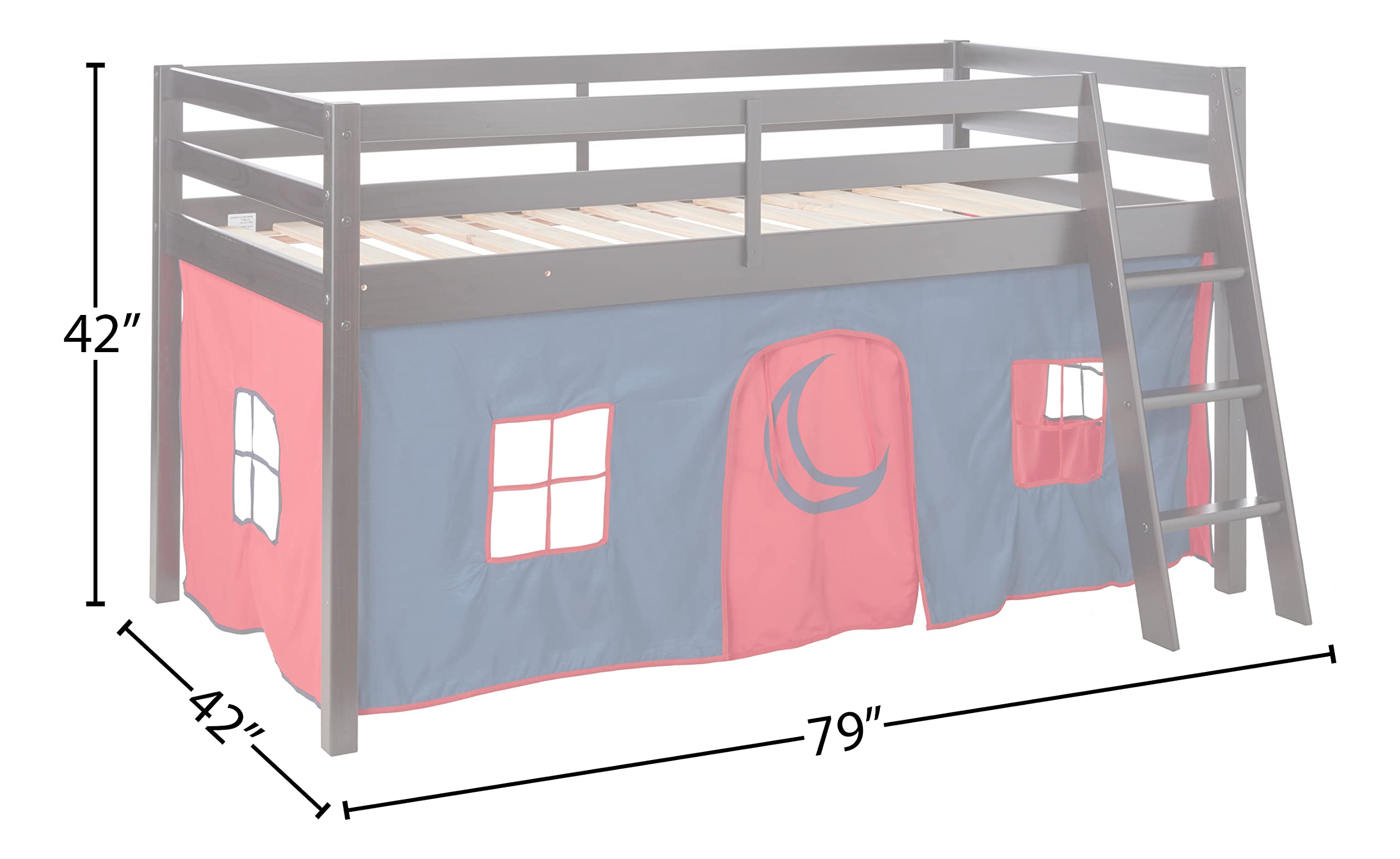 Roxy Pine Twin Junior Loft Bed, Espresso with Blue & Red Tent, Solid Wood Frame, Safety Guardrails, Flexible Ladder Position, Ventilated Playhouse Underneath, Fits Twin Mattress