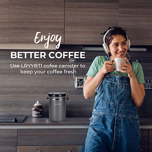 LRYYBTI Coffee Canisters, Airtight Stainless Steel Coffee Bean Storage Container with Scoop and Date Tracker & CO2 Release Valve, 22oz, Gray