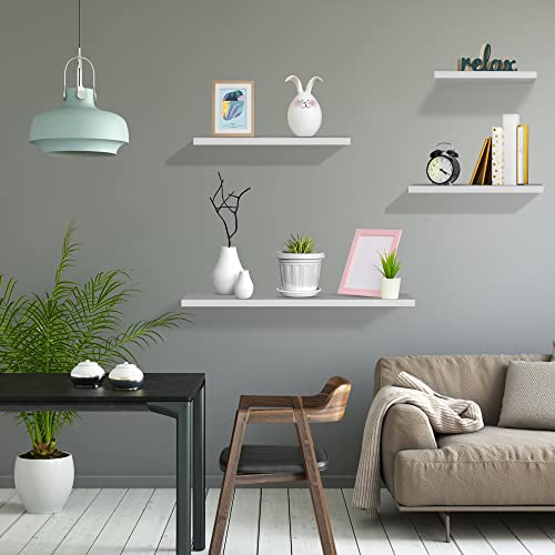 White Floating Shelves Wall Mounted Set of 4, Perfecct Home Decor for Living Room Kitchen Bedroom Bathroom Office Shelf with Towel Bar Décor Shelves Trophy Display Photo Frames and More…