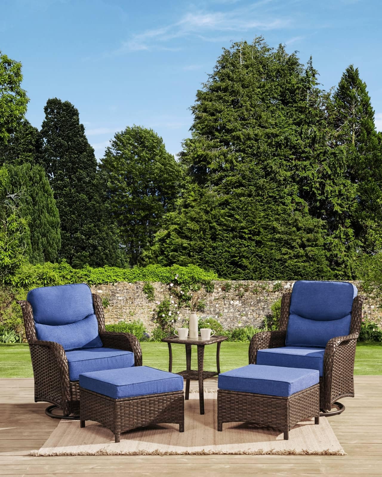 HILLGA Luxury 2PCS Patio Ottomans Footrest, Premium Wicker Steel Frame Outdoor Fabric, Comfortable Cushions, for Garden, Patio, Backyard and Deck(Rice White)