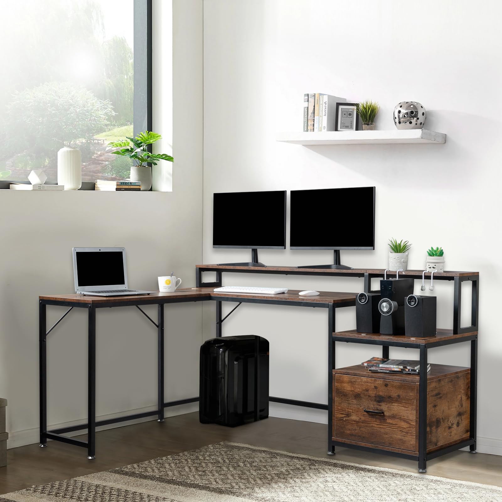 DESIGNSCAPE3D Spacious Retro Wood Grain L-Shaped Computer Desk with File Drawer Cabinet and Wireless Charging