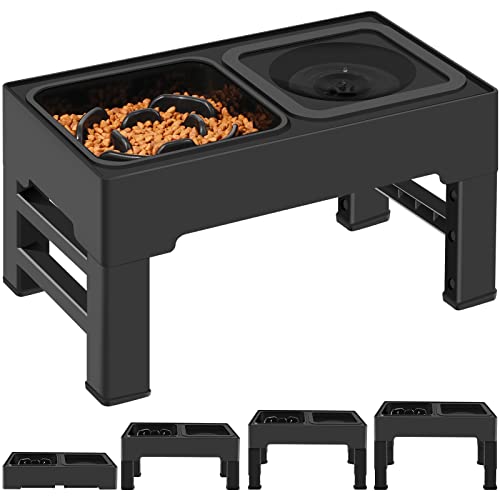 ikuso 2-in-1 Elevated Slow Feeder Dog Bowls 4 Height Adjustable Raised Dog Bowls with No Spill Water Bowl and Non-Skid Silicone Mat Non-Toxic Slow,Mess Proof,Non-Tip，Protect Dog Spine