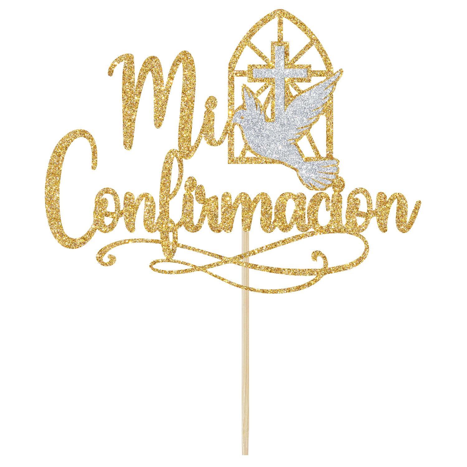 Mi Confirmacion Cake Topper, First Holy Communion, God Bless, Bridal Shower/Wedding/Baptism/Christening Baby Shower Party Decorations Gold Glitter