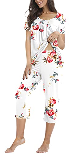 POPYOUNG Women's Pajamas Sets, Summer Short Sleeves Tunic Top with Comfy Capri Pants, Lounge Sleepwear 2 piece Ladies Pjs Sets with Pockets XL, Floral White
