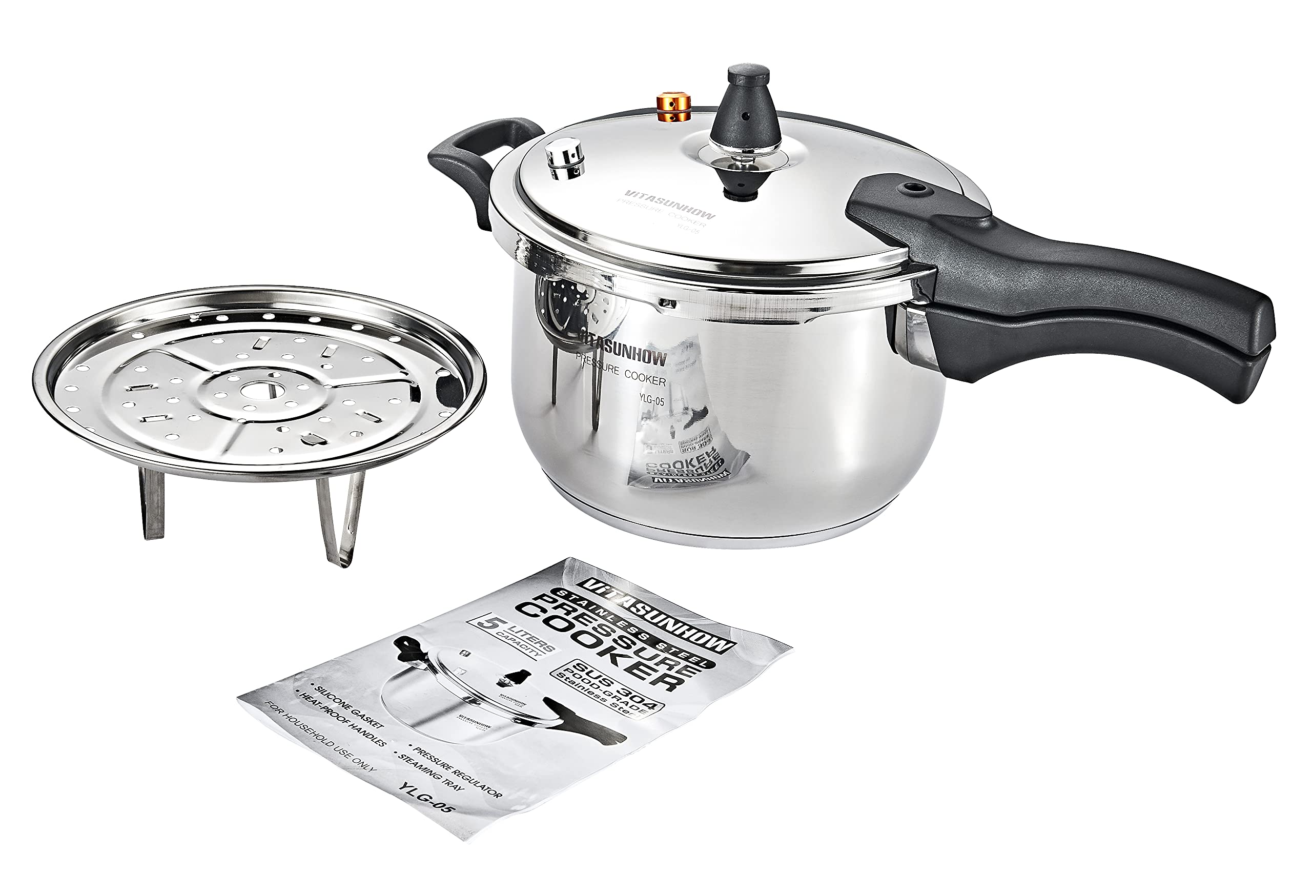 VITASUNHOW Stainless Steel Pressure Cooker with Steamer Basket, Faster Cooking and Safety Pressure Release (9-Liter)