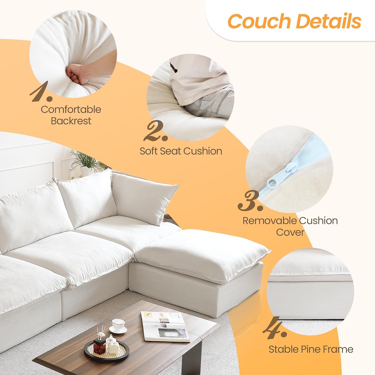 JACH 82"" Sectional Love Seat Couches, Modular Sectional Couch with Chaise Ottoman, Cushion Covers Removable, Modern Comfy Sectional Sofas for Living Room (White), 120BE-2+1