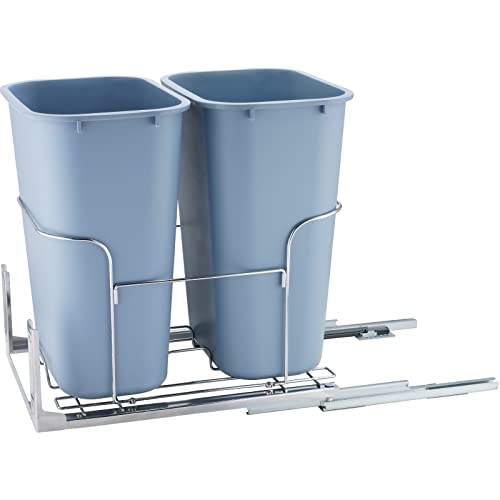 VEVOR Pull-Out Trash Can, 37Qt Double Bins, Under Mount Kitchen Waste Container with Soft-Close Slides, 44 lbs Load Capacity & Door-Mounted Brackets, Garbage Recycling Bin for Kitchen Cabinet, Grey