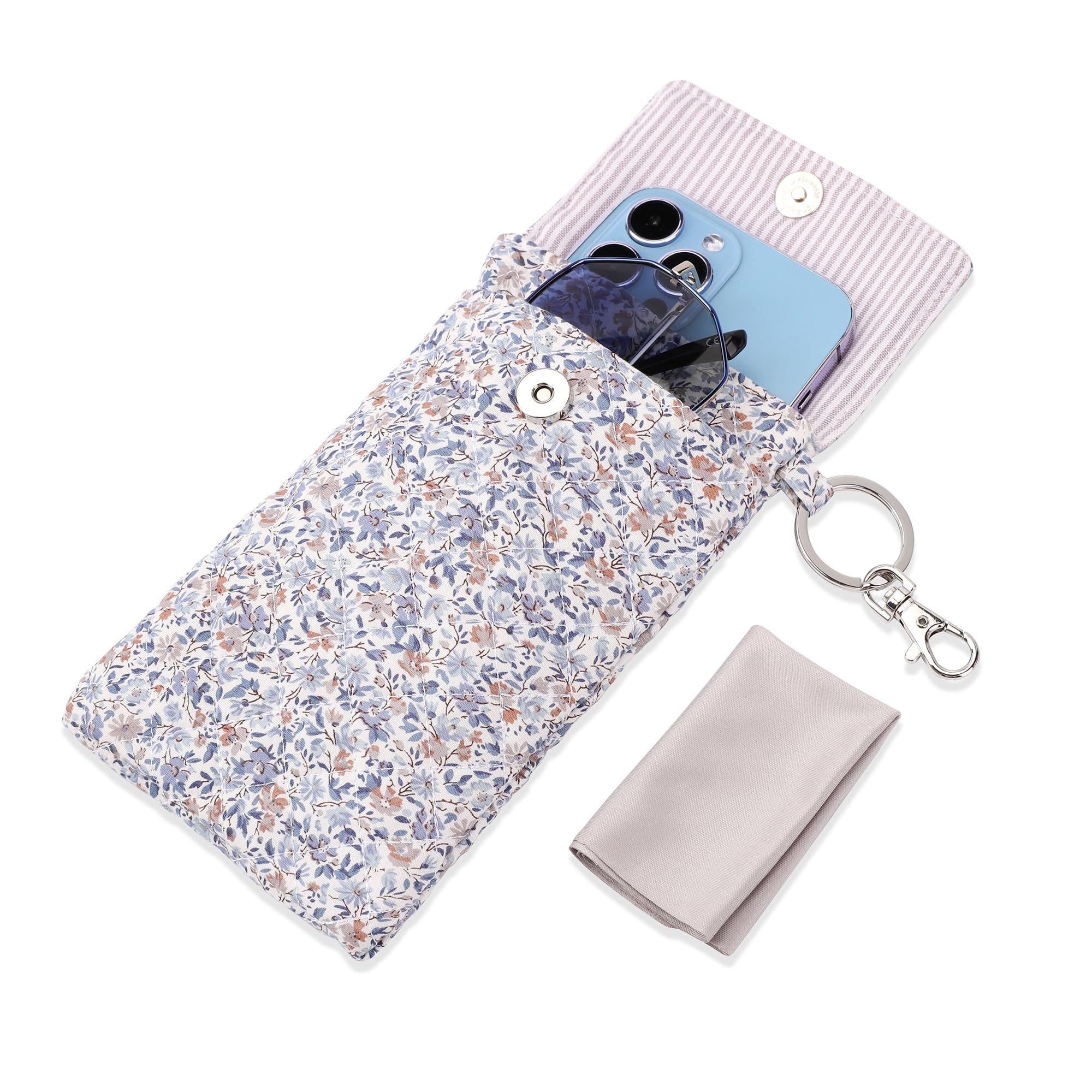 Hongeely Soft Glasses Case Double Eyeglass Case Sunglasses Travel Pouch for Women Men with Key Chain (Floral pattern - Grayish blue)