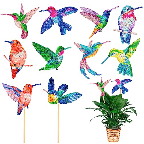 JHGCVX 10 Pcs Hummingbird Diamond Art, Diamond Painting Kits for Garden Decor, Hummingbird Stakes Diamond Art Kits for Indoor Outdoor Garden Yard Decoration