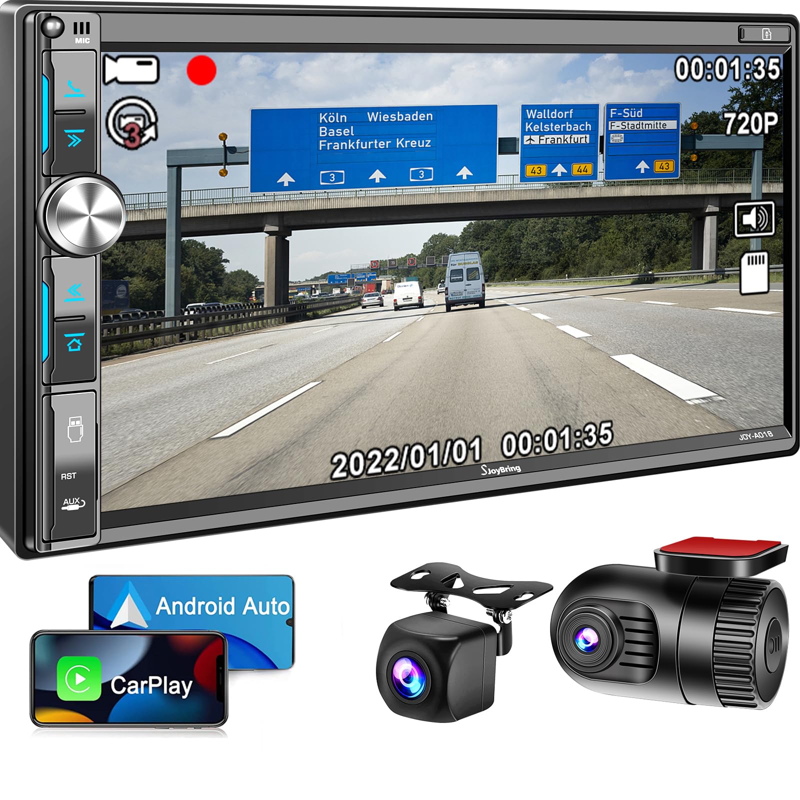 Double Din Car Stereo with Apple CarPlay, Android Auto, Dash Cam, Backup Camera, Bluetooth, Mirror Link, 7-inch Full HD Touchscreen, Subw, SWC, USB/TF/AUX, AM/FM Car Radio