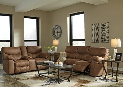 Signature Design by Ashley Boxberg Oversized Faux Leather Manual Double Reclining Loveseat with Center Console, Brown