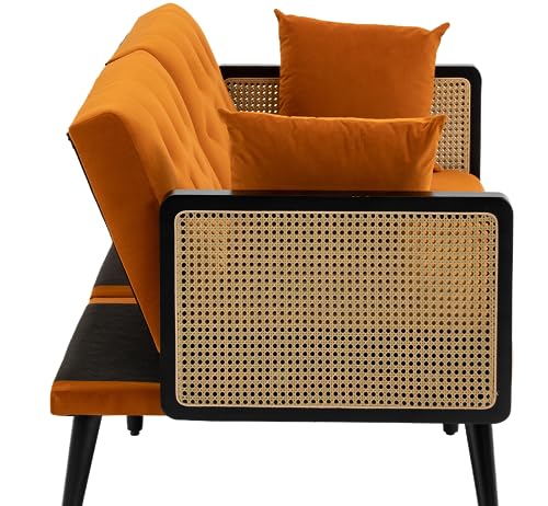 Lin-Utrend Velvet Loveseat Sofa with Rattan Armrest,61" Convertible Futon Sofa Bed,Sleeper Sofa Couch Loveseat for Small Space,Living Room,Apartment